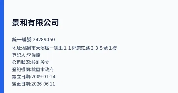景和有限公司的照片-統編 24289050(桃園市) 公司登記資料與營業項目詳細圖表