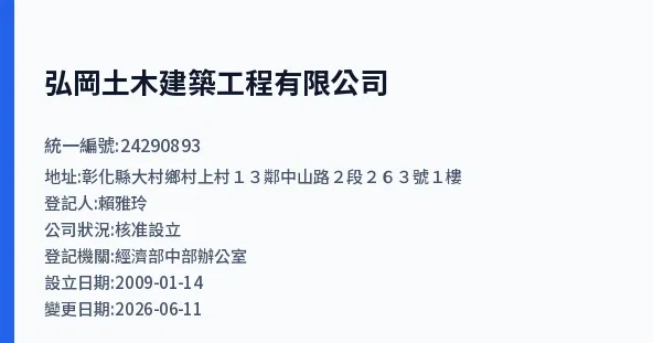 弘岡土木建築工程有限公司的照片-統編 24290893(彰化縣) 公司登記資料與營業項目詳細圖表
