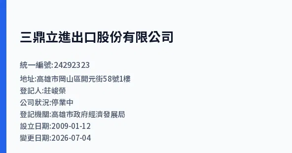 三鼎立進出口股份有限公司的照片-統編 24292323(高雄市) 公司登記資料與營業項目詳細圖表