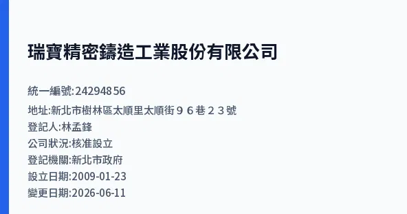 瑞寶精密鑄造工業股份有限公司的照片-統編 24294856(新北市) 公司登記資料與營業項目詳細圖表