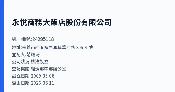 永悅商務大飯店股份有限公司的照片-統編 24295118(嘉義市) 公司登記資料與營業項目詳細圖表