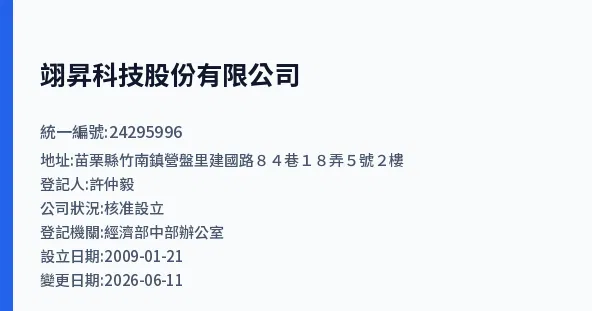 翊昇科技股份有限公司的照片-統編 24295996(苗栗縣) 公司登記資料與營業項目詳細圖表