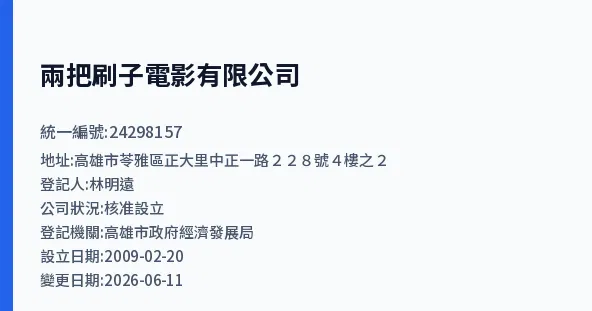 兩把刷子電影有限公司的照片-統編 24298157(高雄市) 公司登記資料與營業項目詳細圖表