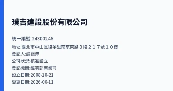 璞吉建設股份有限公司的照片-統編 24300246(臺北市) 公司登記資料與營業項目詳細圖表