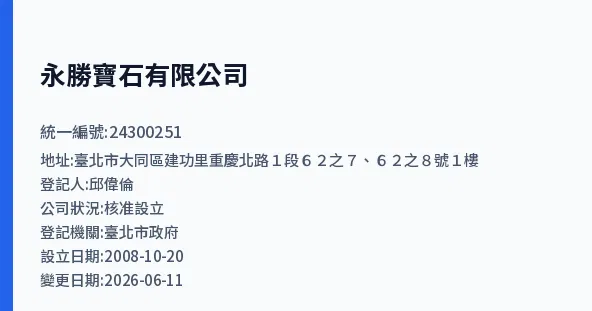 永勝寶石有限公司的照片-統編 24300251(臺北市) 公司登記資料與營業項目詳細圖表