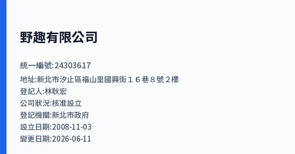 野趣有限公司的照片-統編 24303617(新北市) 公司登記資料與營業項目詳細圖表