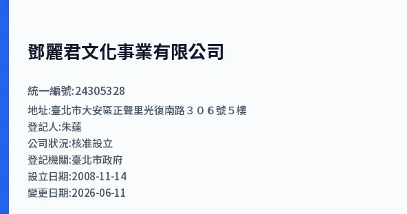鄧麗君文化事業有限公司的照片-統編 24305328(臺北市) 公司登記資料與營業項目詳細圖表