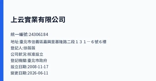 上云實業有限公司的照片-統編 24306184(臺北市) 公司登記資料與營業項目詳細圖表