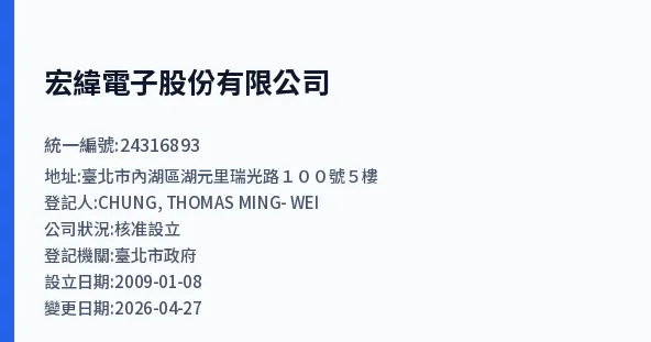 宏緯電子股份有限公司的照片-統編 24316893(臺北市) 公司登記資料與營業項目詳細圖表