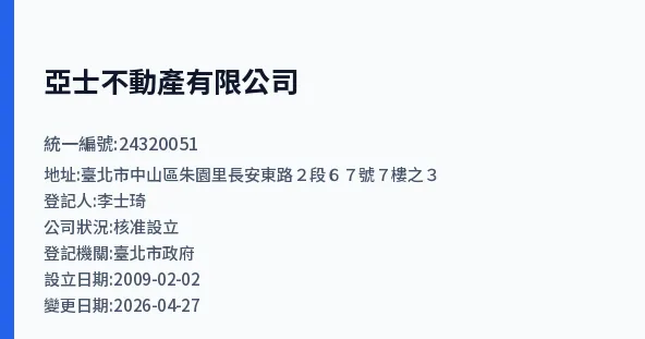亞士不動產有限公司的照片-統編 24320051(臺北市) 公司登記資料與營業項目詳細圖表