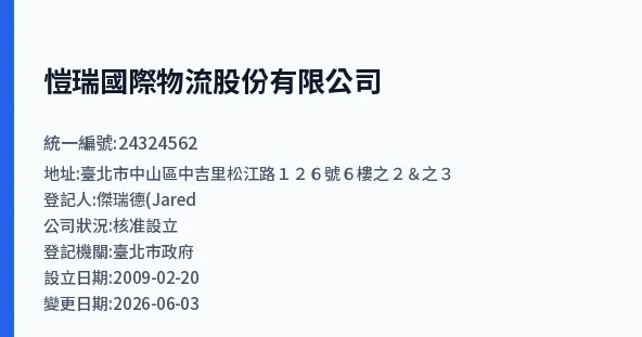愷瑞國際物流股份有限公司的照片-統編 24324562(臺北市) 公司登記資料與營業項目詳細圖表