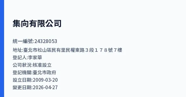 集向有限公司的照片-統編 24328053(臺北市) 公司登記資料與營業項目詳細圖表