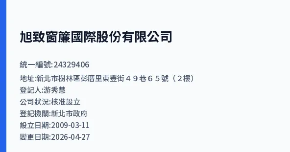 旭致窗簾國際股份有限公司的照片-統編 24329406(新北市) 公司登記資料與營業項目詳細圖表