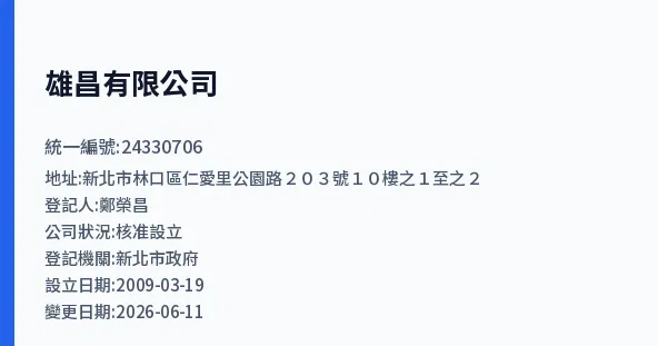 雄昌有限公司的照片-統編 24330706(新北市) 公司登記資料與營業項目詳細圖表