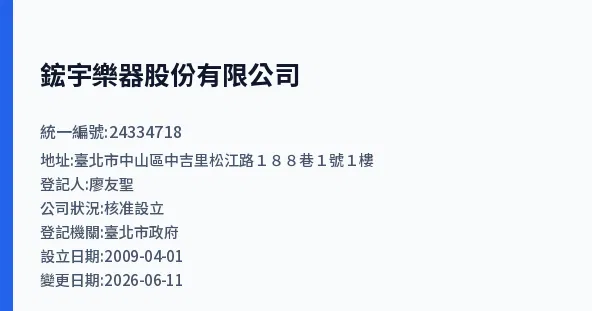 鋐宇樂器股份有限公司的照片-統編 24334718(臺北市) 公司登記資料與營業項目詳細圖表