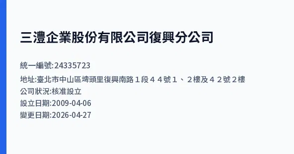 三澧企業股份有限公司復興分公司的照片-統編 24335723(臺北市) 公司登記資料與營業項目詳細圖表