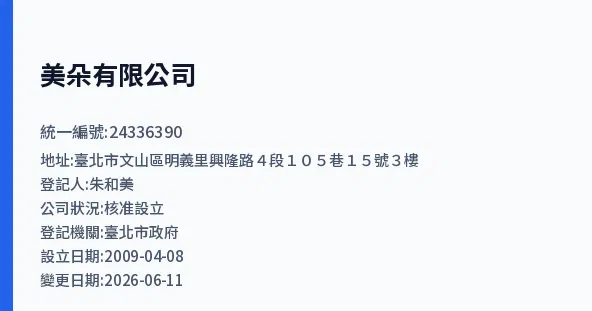 美朵有限公司的照片-統編 24336390(臺北市) 公司登記資料與營業項目詳細圖表