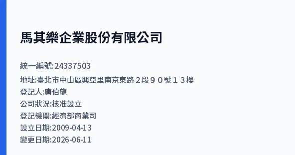 馬其樂企業股份有限公司的照片-統編 24337503(臺北市) 公司登記資料與營業項目詳細圖表