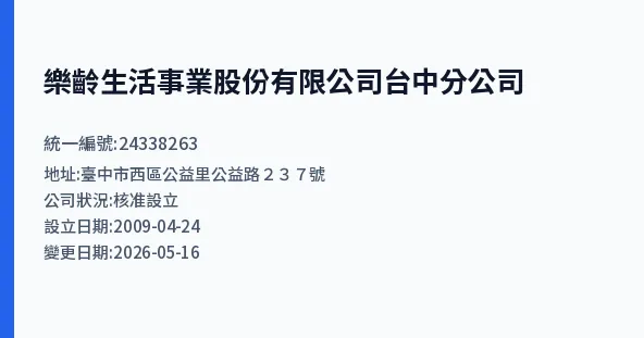樂齡生活事業股份有限公司台中分公司的照片-統編 24338263(臺中市) 公司登記資料與營業項目詳細圖表