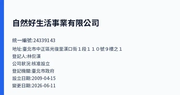 自然好生活事業有限公司的照片-統編 24339143(臺北市) 公司登記資料與營業項目詳細圖表