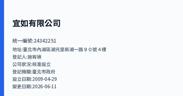 宜如有限公司的照片-統編 24342251(臺北市) 公司登記資料與營業項目詳細圖表