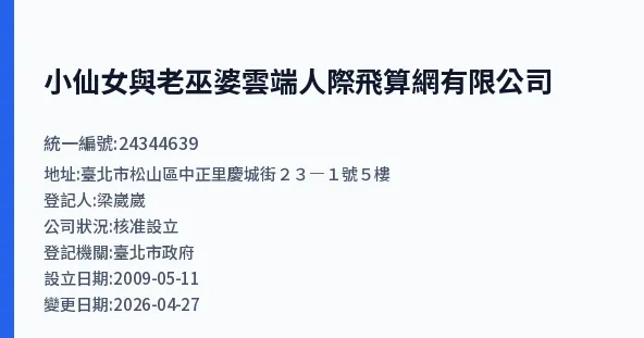 小仙女與老巫婆雲端人際飛算網有限公司的照片-統編 24344639(臺北市) 公司登記資料與營業項目詳細圖表