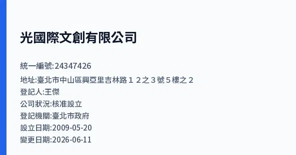 光國際文創有限公司的照片-統編 24347426(臺北市) 公司登記資料與營業項目詳細圖表