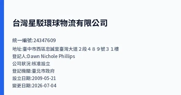 台灣星駁環球物流有限公司的照片-統編 24347609(臺中市) 公司登記資料與營業項目詳細圖表