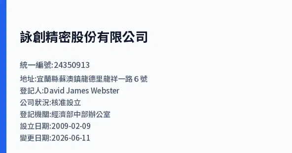 詠創精密股份有限公司的照片-統編 24350913(宜蘭縣) 公司登記資料與營業項目詳細圖表