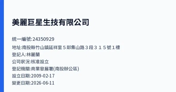 美麗巨星生技有限公司的照片-統編 24350929(南投縣) 公司登記資料與營業項目詳細圖表