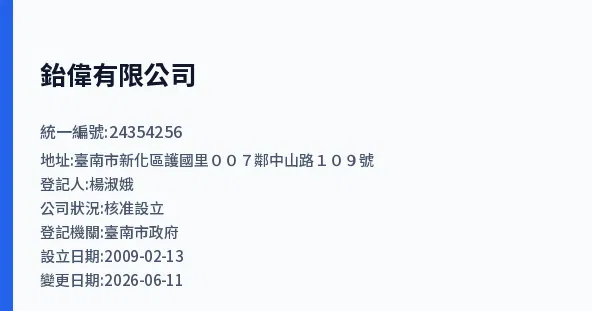 鈶偉有限公司的照片-統編 24354256(臺南市) 公司登記資料與營業項目詳細圖表