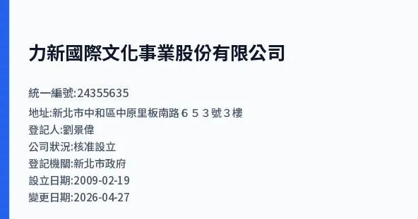 力新國際文化事業股份有限公司的照片-統編 24355635(新北市) 公司登記資料與營業項目詳細圖表