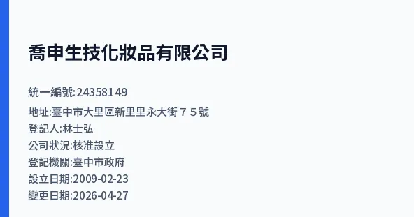 喬申生技化妝品有限公司的照片-統編 24358149(臺中市) 公司登記資料與營業項目詳細圖表
