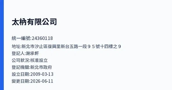 太枘有限公司的照片-統編 24360118(新北市) 公司登記資料與營業項目詳細圖表