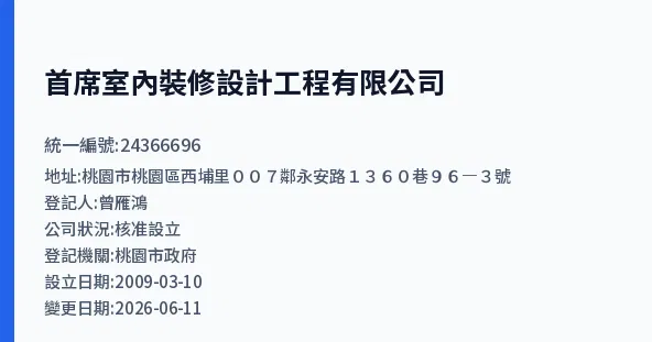 首席室內裝修設計工程有限公司的照片-統編 24366696(桃園市) 公司登記資料與營業項目詳細圖表