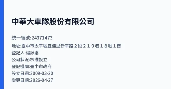 中華大車隊股份有限公司的照片-統編 24371473(臺中市) 公司登記資料與營業項目詳細圖表
