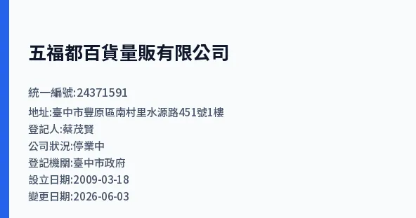 五福都百貨量販有限公司的照片-統編 24371591(臺中市) 公司登記資料與營業項目詳細圖表