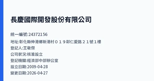 長慶國際開發股份有限公司的照片-統編 24372156(彰化縣) 公司登記資料與營業項目詳細圖表