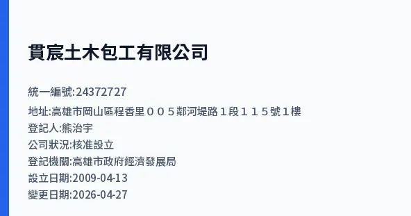 貫宸土木包工有限公司的照片-統編 24372727(高雄市) 公司登記資料與營業項目詳細圖表