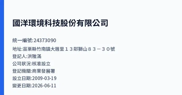 國洋環境科技股份有限公司的照片-統編 24373090(苗栗縣) 公司登記資料與營業項目詳細圖表