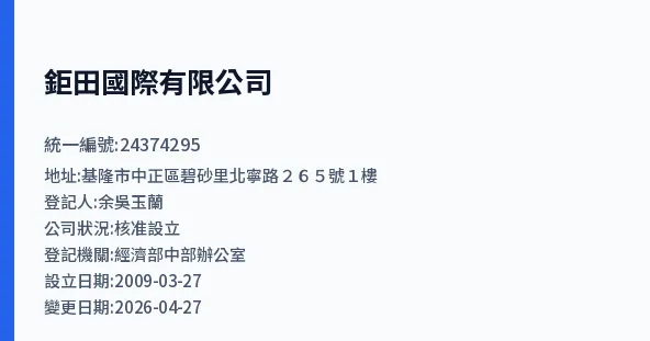 鉅田國際有限公司的照片-統編 24374295(基隆市) 公司登記資料與營業項目詳細圖表
