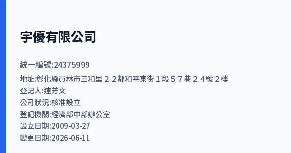 宇優有限公司的照片-統編 24375999(彰化縣) 公司登記資料與營業項目詳細圖表