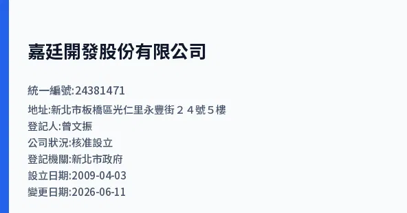 嘉廷開發股份有限公司的照片-統編 24381471(新北市) 公司登記資料與營業項目詳細圖表