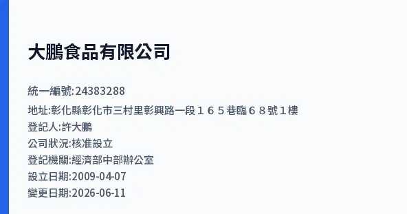大鵬食品有限公司的照片-統編 24383288(彰化縣) 公司登記資料與營業項目詳細圖表