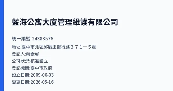 藍海公寓大廈管理維護有限公司的照片-統編 24383576(臺中市) 公司登記資料與營業項目詳細圖表