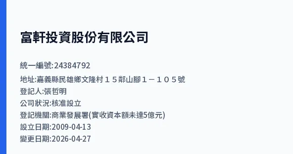 富軒投資股份有限公司的照片-統編 24384792(嘉義縣) 公司登記資料與營業項目詳細圖表