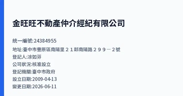 金旺旺不動產仲介經紀有限公司的照片-統編 24384955(臺中市) 公司登記資料與營業項目詳細圖表