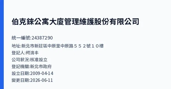 伯克錸公寓大廈管理維護股份有限公司的照片-統編 24387290(新北市) 公司登記資料與營業項目詳細圖表
