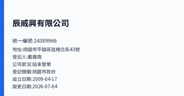 辰威興有限公司的照片-統編 24389966(桃園市) 公司登記資料與營業項目詳細圖表