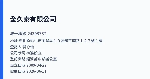 全久泰有限公司的照片-統編 24393737(彰化縣) 公司登記資料與營業項目詳細圖表